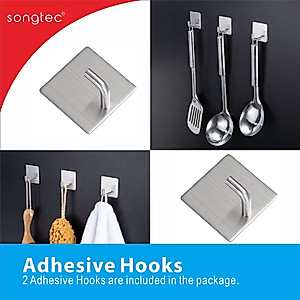 Songtec Bath Towel Bar 16-inch & 2 Hooks, Strong Adhesive Stick On Towel Rack, Hand Towel Holders, No Drilling on Wall - Brushed Nickel