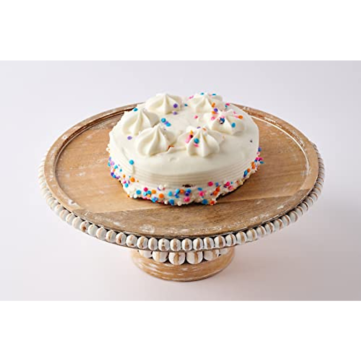 Mud Pie, White, Beaded Wood Cake Set, stand 4.75" x 12" dia | server 9.5"