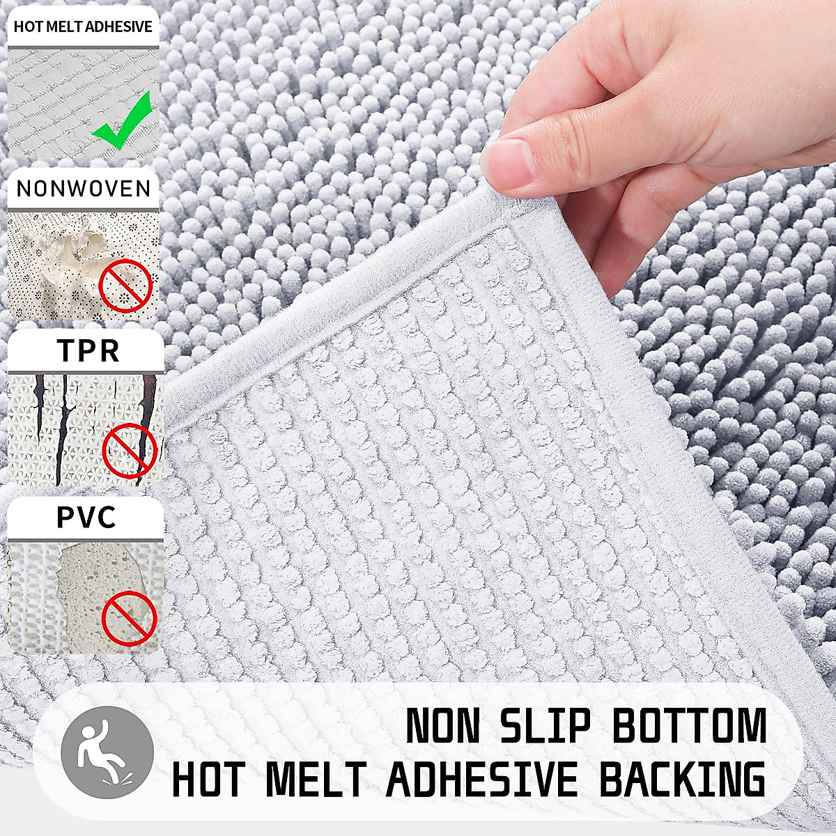 Yimobra Bathroom Rug Mat, 32'' x 20'', Luxury Chenille Shaggy Bath Rugs, Extra Soft & Thick, Absorbent Water, Non-Slip, Machine Washable, Bath Mats for Bath Floor,Tub and Shower, Silver