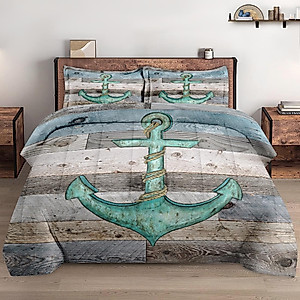 WeCozy Comforter Set King Size with 2 Pillowcases, Blue Anchor Nautical 3 Pcs Bedding Set for Kids and Adults, Retro Beach Navy Wooden Soft Comforter Set for Bedroom Bed Decor