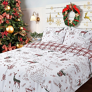 Lyacmy Christmas Duvet Cover Set Twin Reindeer Comforter Cover Set 2 Pcs Christmas Tree Bedding Cover White and Red Grid Quilt Cover with Zipper Closure(1 Duvet Cover, 1 Pillow Shams)