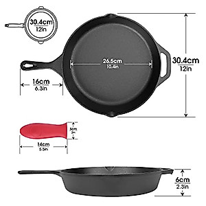 Almcmy 12 Inch Cast Iron Skillet, Pre-Seasoned Frying Pan with Silicone Handle Holder, Cast Iron Pan for Frying Grilling, Oven Safe, Dishwasher Safe - Indoor& Outdoor Use