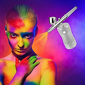 COSSCCI Handheld Airbrush Kit, Mini Air Compressor Spray Gun Set Single Action USB Rechargeable Airbrush for Makeup Art Nail Painting Tattoo Manicure Cakes (Silver)