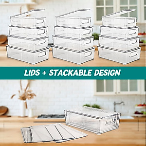 MASSUGAR Refrigerator Organizer Bins with Lid, 12 Pack Plastic Freezer Organizer Bins - Stackable Fridge Organizers and Storage for Freezer, Kitchen - Clear Pantry Organization and Storage Bins