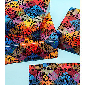 BOLIANNE Birthday Wrapping Paper for Women Men with Cut Lines - Birthday Gift Wrap with Happy Birthday Lettering for Boys Girls Kids - 3 Large Sheets, 27 X 39.4 Inch