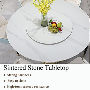 Runboll 59" Sintered Stone Round Dining Table with Detachable Lazy Susan Modern Dinner Table with 31.5" Round Turntable, PU Leather and Metal Pedestal(Not Included Chairs)