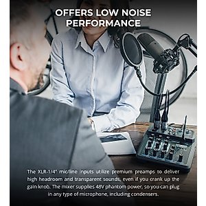Blucoil 4-Channel Audio Mixer with 48V Phantom Power, 2-Band EQ, Delay and Repeat Effects, Bluetooth, XLR Microphone and MP3 USB Inputs for Home Studio Recording on Windows and Mac