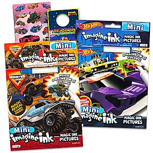 Monster Jam and Hot Wheels Magic Ink Coloring Book Set Kids Toddlers - Bundle with 2 Imagine Ink Coloring Books with Invisible Ink Pens, Racecar Stickers and Door Hanger