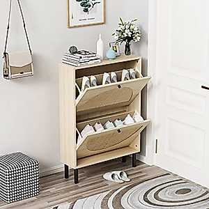 Natural Rattan Shoe Cabinet with 2 Flip Drawers, Free Standing Shoe Racks Storage Cabinet with Metal Legs, Shoe Organizers Entrance Hallway Shoe Rack Cabinet for Heels, Boots, Slippers (Natural)