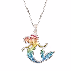 Disney Jewelry for Women, Princess Ariel Rainbow Glitter Pendant Necklace, Silver Plated, 18”