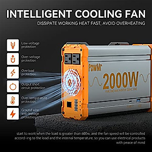 2000W Pure Sine Wave Inverter 12V DC to 120V AC Converter, Off-Grid Solar Power Inverter 2000 watt Built-in 2 AC Outlets, 5V/2.5A USB and Type-C Port for Home, RV, Truck