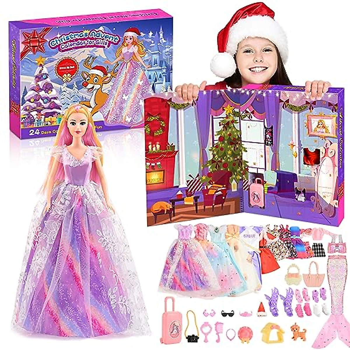 Luckades Advent Calendar-Girls Christmas Countdown Calendar with 24 Surprises Box Including 1 Doll 29 Pcs Doll Dresses,24 Days Countdown Calendar Christmas Gifts for Girls Aged 3-8