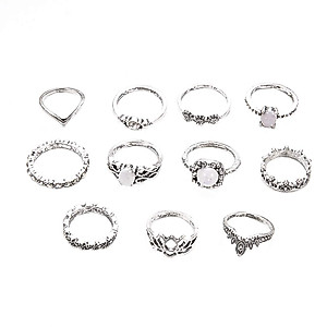 SEniutarm Engagement Love Rings Wedding Bands 11Pcs Women Jewelry Set Faux Opal Rhinestone Knuckle Stacking Joint Rings Band for Women/Girl Finger Rings DIY Jewelry Gifts - Antique Silver