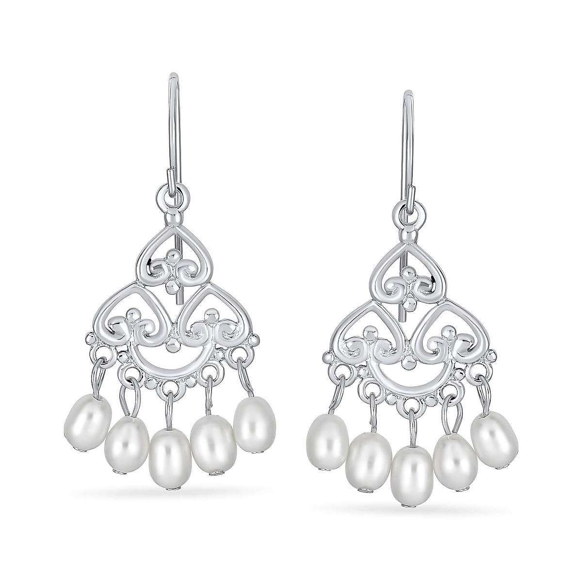 Boho Ethnic Indian Style White Freshwater Culture Pearl Fringe Chandelier Earrings Western Jewelry For Women Teen .925 Sterling Silver Fish hook