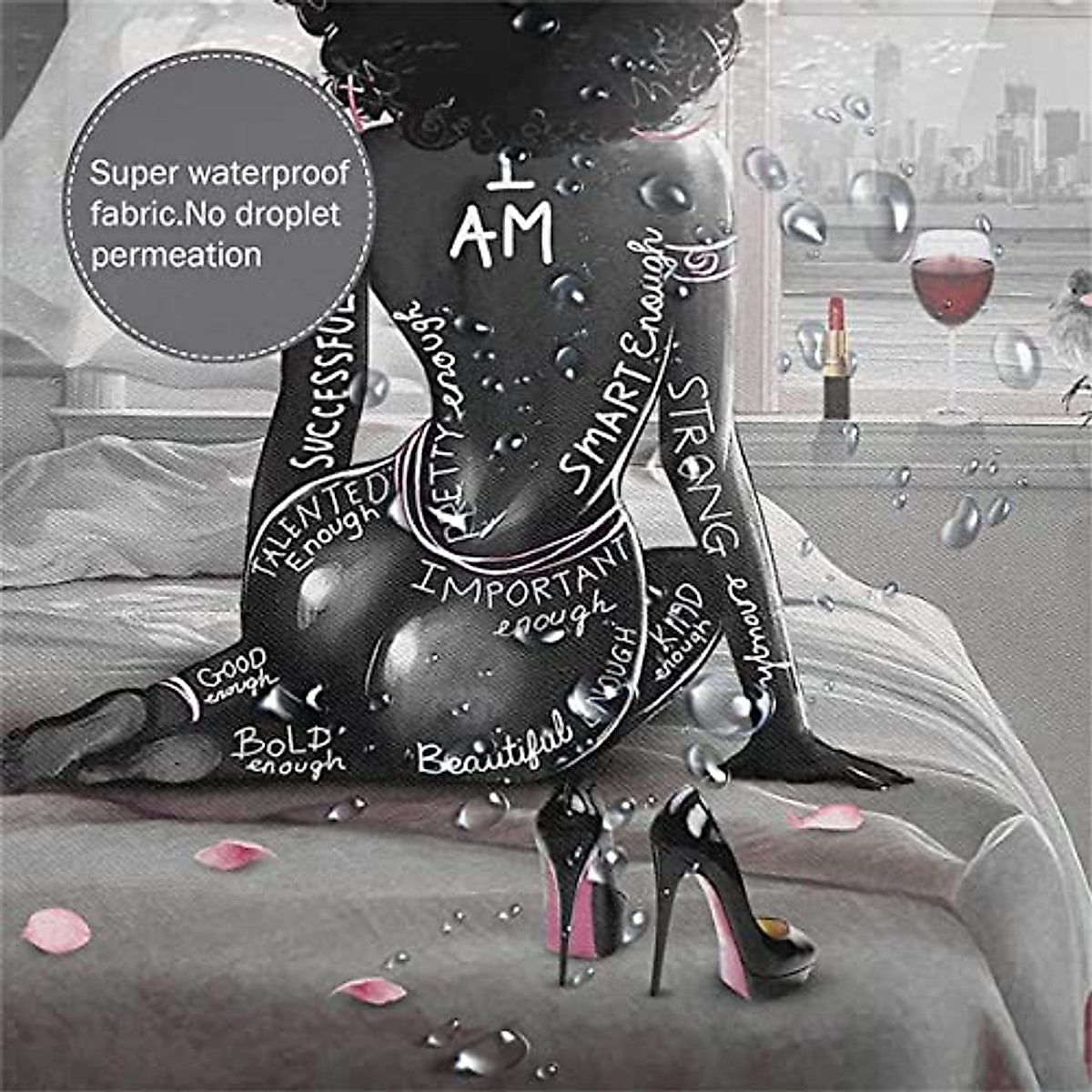 Byitre 4PCS Shower Curtain Set with Rugs,Toilet Lid Cover and U-Shaped Mat,African American Shower Curtains for Bathroom Waterproof Polyester Black Women Bathroom Sets, 71'' x 71''