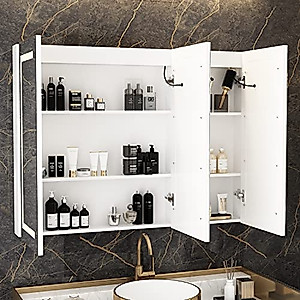 ECACAD LED Lighted Bathroom Medicine Cabinet with Mirror & Shelves, Wall Mounted Bathroom Mirror Cabinet with 3 Doors, Defogger， Adjustable Light Color & Brightness, White