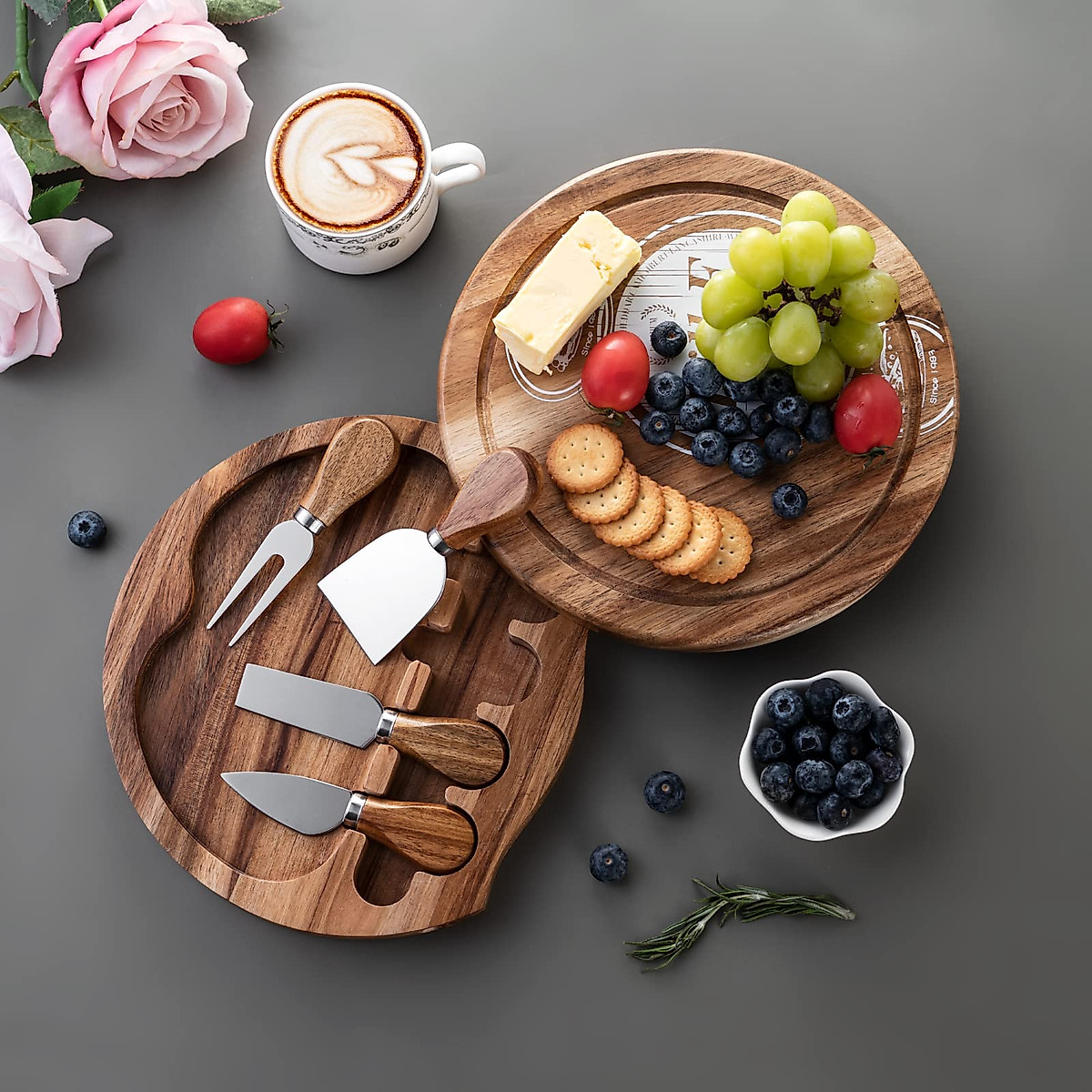 Acacia Wood Cheese Board Set, Charcuterie Board and Cheese Serving Platter with 4 Stainless Steel Cheese Knives, Ideal for Wedding Housewarming Gifts Christmas Birthday Party,Cheese Tray Platter