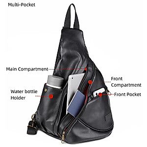 Baosha Leather Sling Bag Small Crossbody Backpack Casual Daypack Outdoor Cycling Hiking Backpack XB-10 (Black)