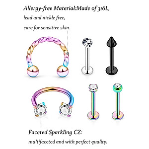 Vsnnsns 16G Lip Rings Stainless Steel Horseshoe Labret Monroe Lip Rings Nail Cartilage Tragus Helix Earrings Studs Septum Ring Medusa Piercing Jewelry Retainer for Women Men Black Rainbow 8mm