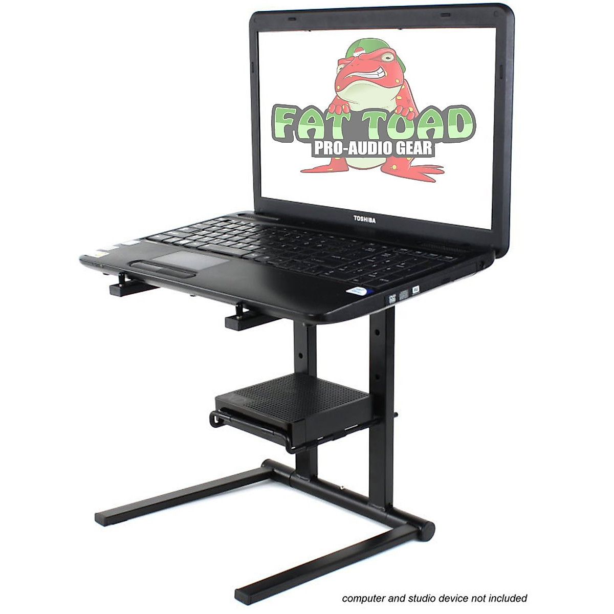 Folding DJ Laptop Stand with Sub-tray Shelf by FAT TOAD | Pro Audio Computer Table Top Rack Stand Mount for iPads, Mixer Controller & Tablets | Portable PC Gear Clamp Holder | Stage Booth, Home Office