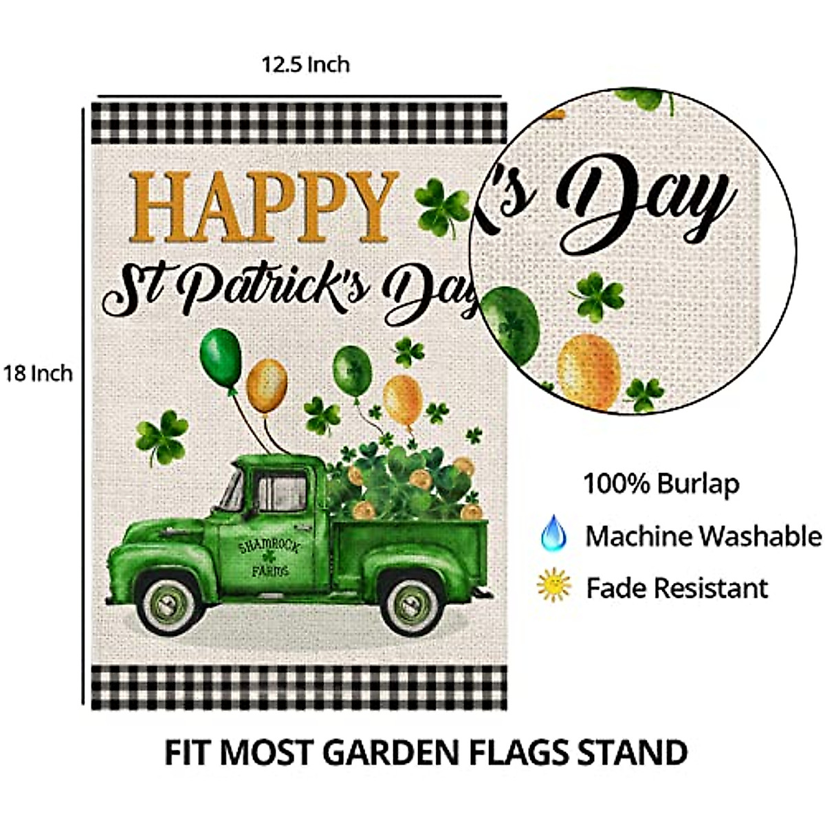 EKOREST Happy St Patrick's Day Garden Flag 12x18 Inch Vertical Double Sided,Buffalo Plaid Truck with Shamrock Balloons Small St. Patricks Day Yard Flag for Outdoor Farmhouse Holiday Outside Decoration