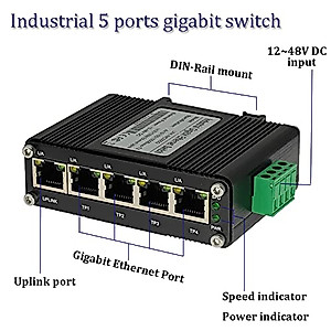 Mini Industrial 5 Ports Gigabit Switch Hardened 5 Port RJ45 10/100/1000Mbps Ethernet Switch Din Rail Mount Ethernet Switch Wall Mounts Included (-40 to 167 ºF) 10Gbps Switching Capacity