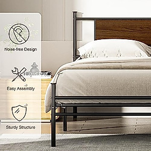 HAOARA Twin XL Size Bed Frame with Rustic Wood Headboard, Metal Heavy Duty Platform Frame, Sturdy Steel Slat Support, No Box Spring Needed, Black