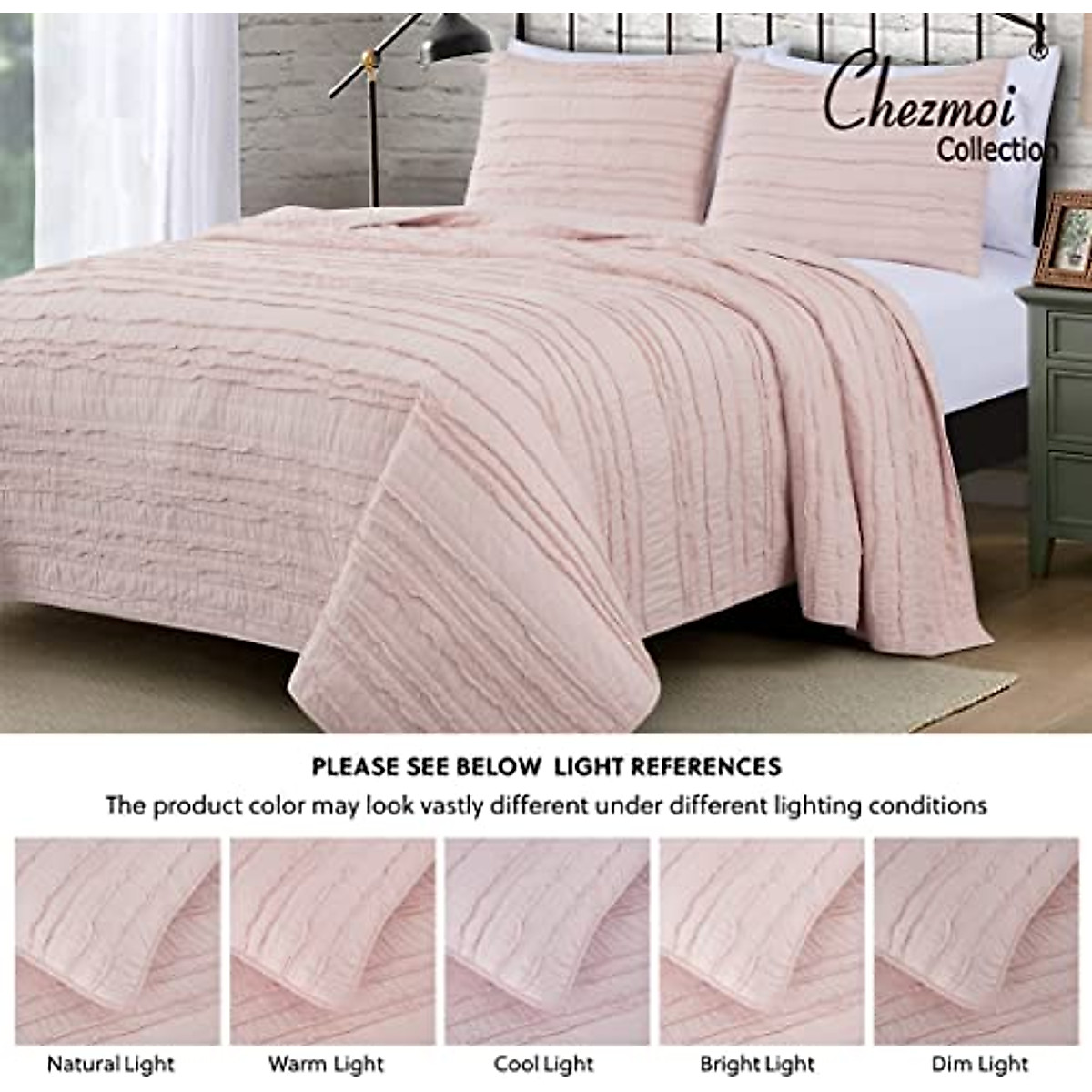 Chezmoi Collection Katy 3-Piece Frayed Edge 100% Washed Cotton Quilt Set - Soft-Finished Lightweight Bedspread All Season Bedding, King, Blush