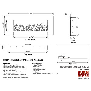BurnBrite 88001 50-Inch Dual-use Wall Mount & Recessed Electric Fireplace with Crystals and Driftwood, Black