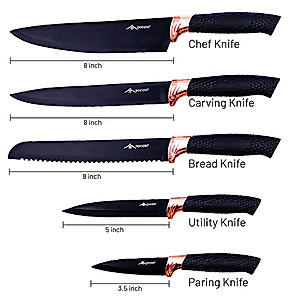 5-Piece Kitchen Knife Set with Block - Rust-Proof Stainless Steel Kitchen Knives with Black, Modern Design - Includes Chefs Knife, Carving Knife, Bread Knife, Utility Knife, Paring Knife, Knife Block