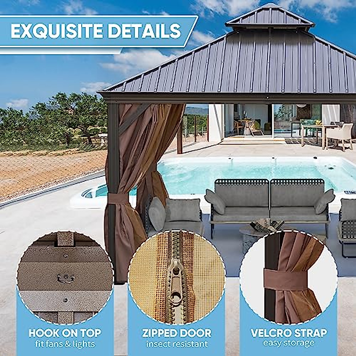 12'x12' Hardtop Gazebo, Outdoor Aluminum Hard Top Gazebo with Galvanized Steel Double Roof, Permanent Metal Roof Gazebo with Nettings, Curtains and Hooks for Deck, Patio (Bronze)