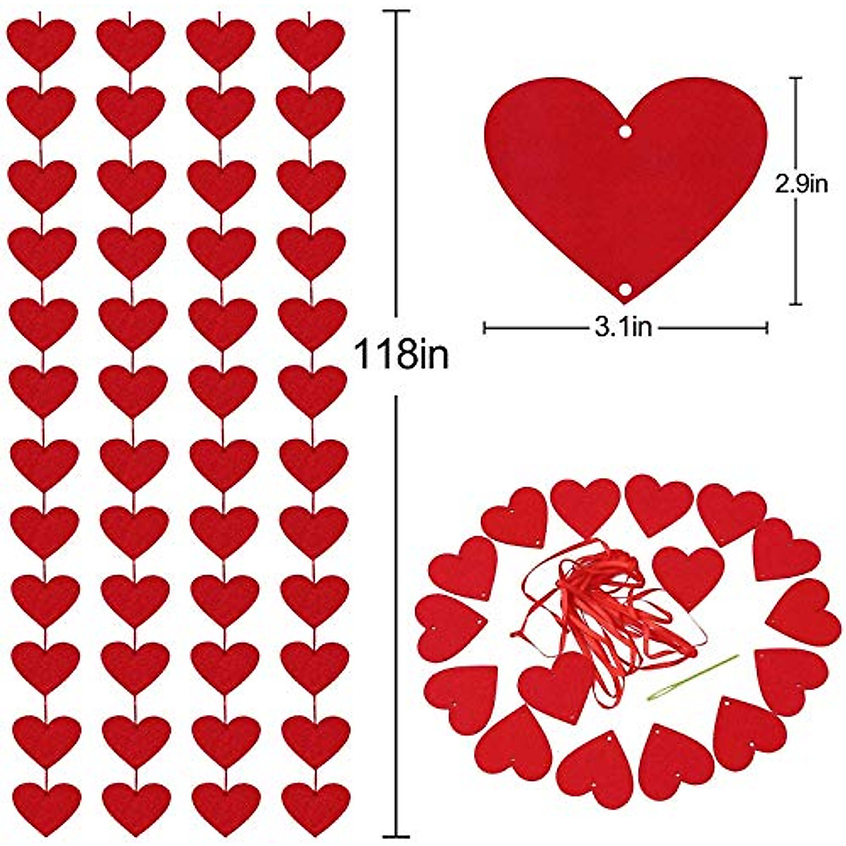 100 Hearts Felt Garland Valentines Day Red Heart Hanging String Garland 4Pack (Each 10ft) Valentines Day Decorations Wedding Anniversary Festival Birthday Home Windows Background Party Supplies