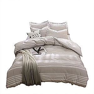 Merryfeel Cotton Duvet Cover Set,100% Cotton Seersucker Weave Duvet Cover Set,Yarn Dyed Textured Stripe Bedding Set,3 Pieces- Full/Queen Khaki