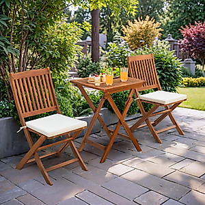 Greesum 3 Piece Patio Folding Furniture Bistro Set with 2 cushions for Pool Beach Backyard Balcony Porch Deck Garden, Acacia Wood
