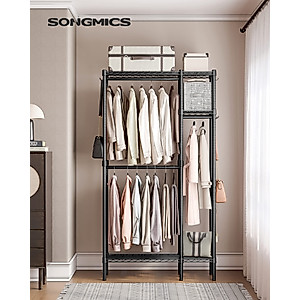 SONGMICS Garment Rack Heavy Duty Clothes Rack, Freestanding Portable Wardrobe Closet for Hanging Clothes with 1 Storage Box, 8 Hooks, Adjustable Wire Shelves, 3 Hanging Rods, Black ULGR421B01