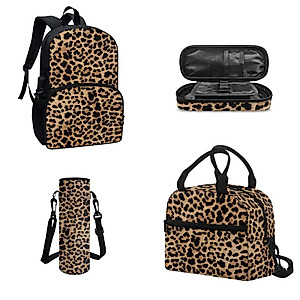 Jndtueit Leopard Spots Girls Boys Lightweight Backpack with Lunch Box, Cheetah Skin Kids BookBag 4 Set Rucksack, Brown Black Water Bottle Holder Pencil Bag for Teens
