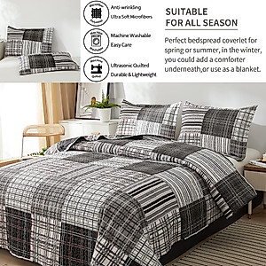 Bedspread Set Twin Size Quilt Set Plaid Bed Spread Coverlet Black White Grey Plaid Patchwork Stripe Modern Quilt Bedspread Bedding Soft Lightweight Reversible Home Bedding Mens Quilts for Twin Bed