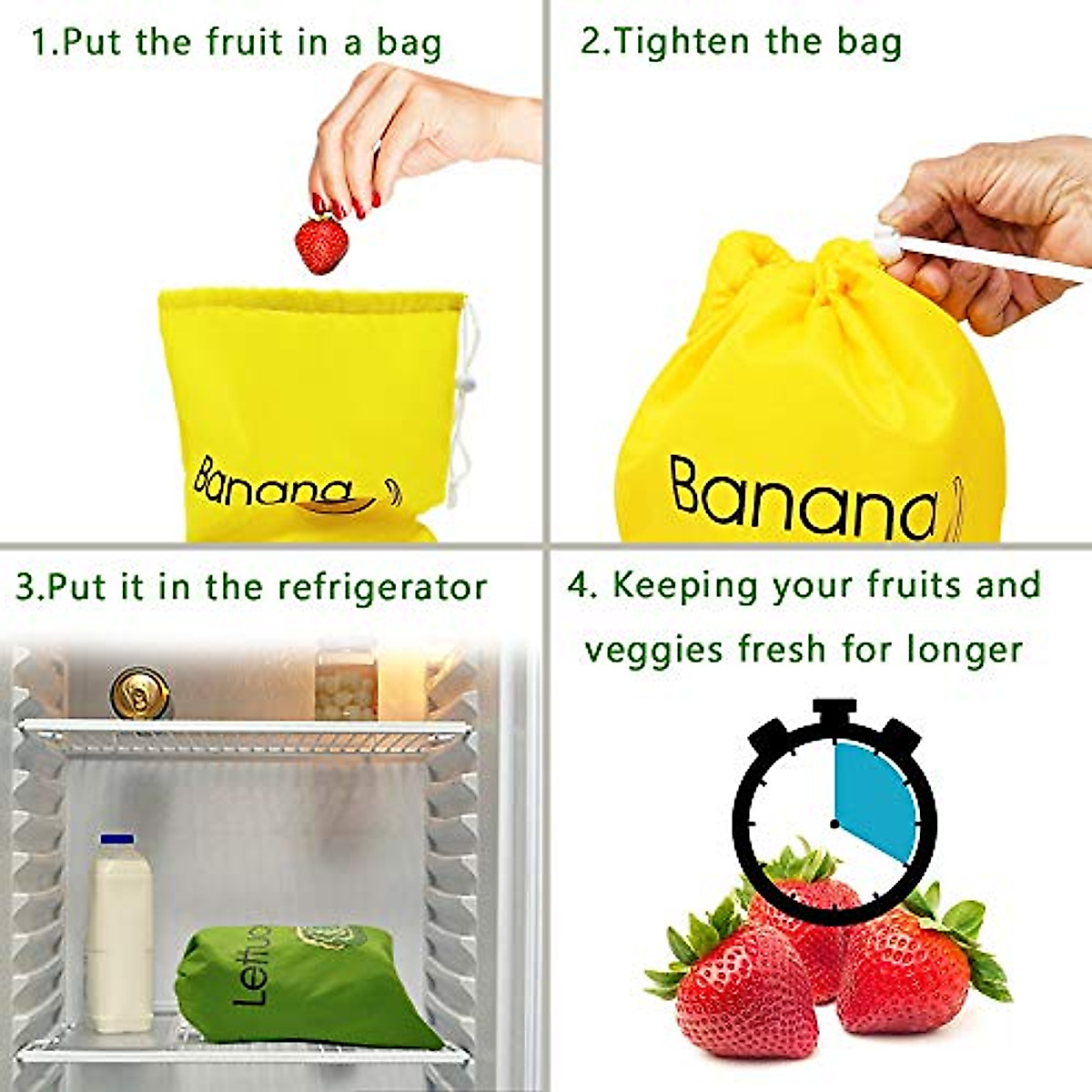 DE Reusable Produce Bags ，Includes Banana Bag and Lettuce Bag，Keep it Longer Up To 2 Weeks Stop Food Waste