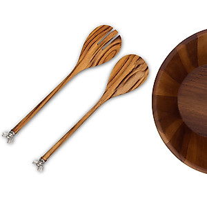 Vagabond House Bee Hive Shaped Wood Salad Bowl and Salad Server Set with Pewter Bee Accent 12.5 inch Diameter