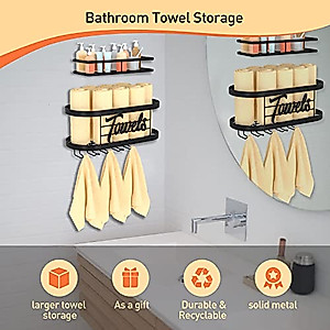 Towel Rack for Bathroom, Towel Holder with 5 Towel Hooks Wall Mounted, Bathroom Towel Storage Holder with Shelf for Large Towels, Washcloths, Hand Towels, Shower Towel, Bathroom Decor, Metal, 2 Pack