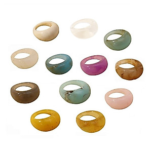 12 pcs Colorful Resin Rings Wide Thick Dome Knuckle Finger Stackable Joint Ring Retro Acrylic Transparent Vintage Jewelry Party Elegant Handmade Gift (Size 6-8)