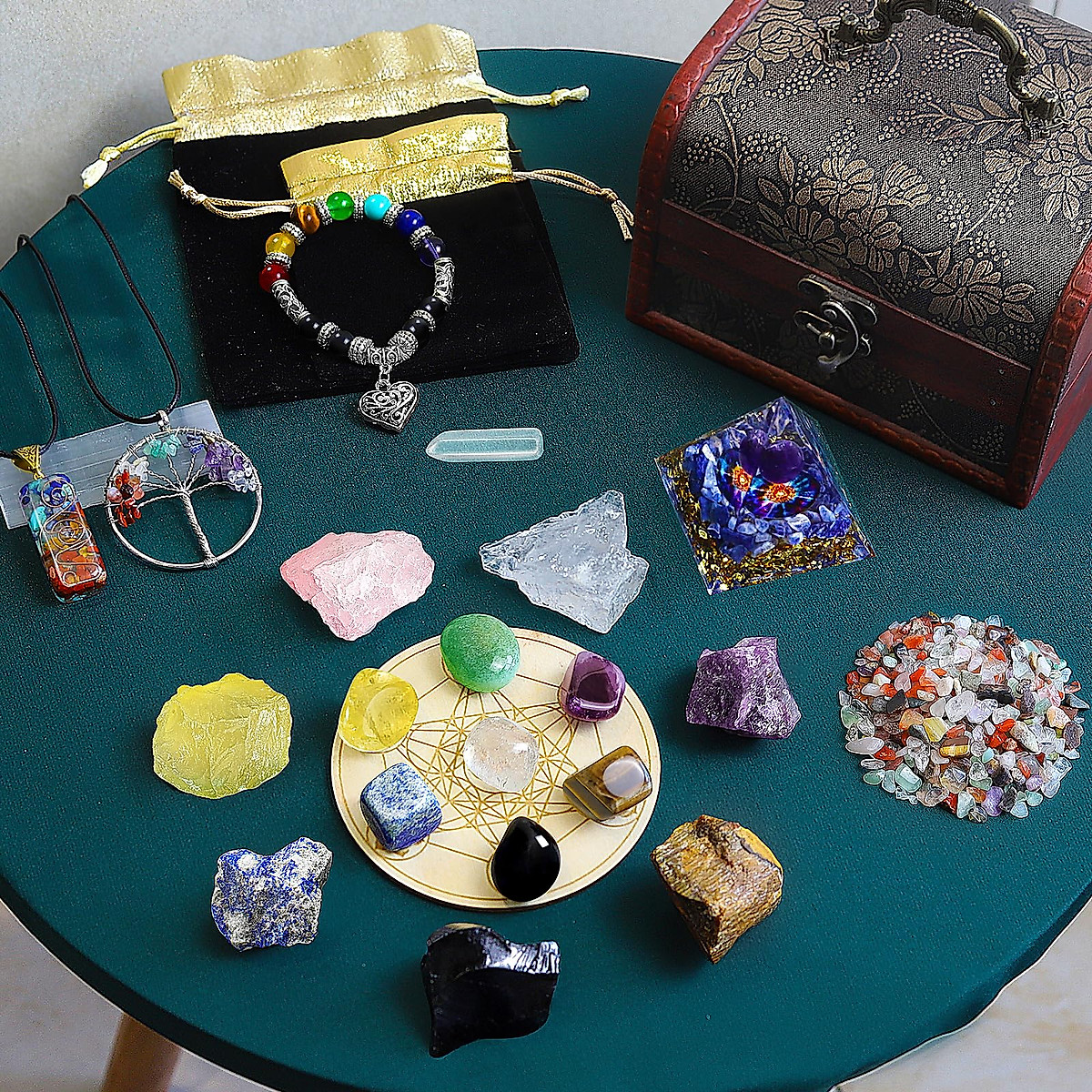 Crystals and Healing Stones 26Pcs Healing Crystal Set for Meditation Include 7 Raw Crystals, 7 Tumbled Stones, Pyramid&Pendulum Board, Chakra Tree of Life, Necklace&Bracelet, Wooden Gift Box.