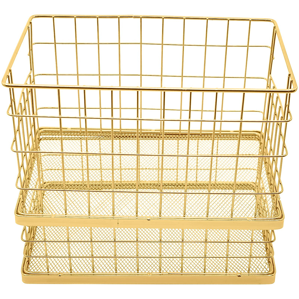 Set of 2 Stackable 10" Metal Wire Storage Basket Bins With Handles (Gold Woven Mesh Base)