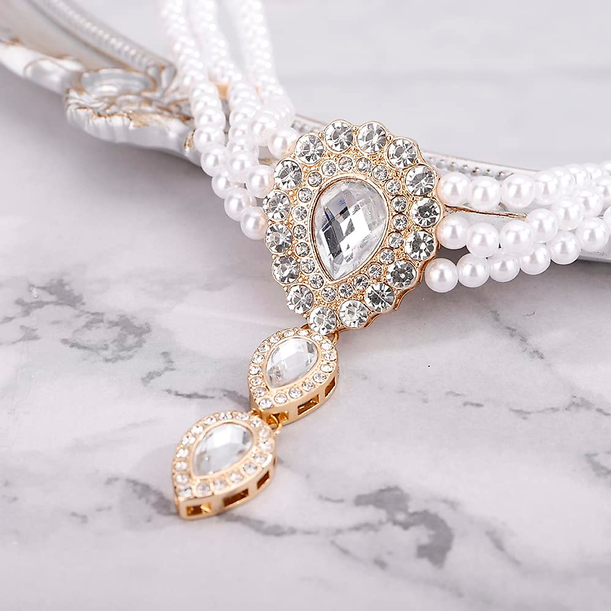 Denifery Boho 3 Tier Dainty Rhinestones Pearls Chunky Short 1920s Choker Necklace Chain Multilayer Choker Pendant Necklaces Prom Party for Women