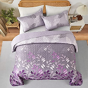 Purple Floral Quilt Set King Size, 3 Pieces Botancal Leaves Bedspread Coverlet Set with 2 Pillowcases for All Season, Soft Microfiber Floral Bedding Set 104"×90"