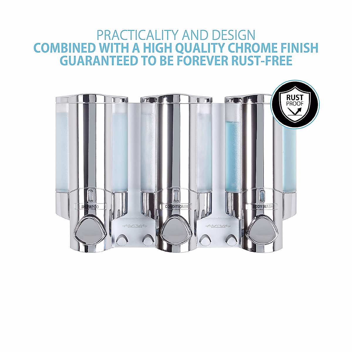 Better Living Products Aviva Shower Dispenser 3, Shampoo and Soap Dispenser, 3 x 11 fl. oz. Chrome, 11.2 x 3.5" x 7"