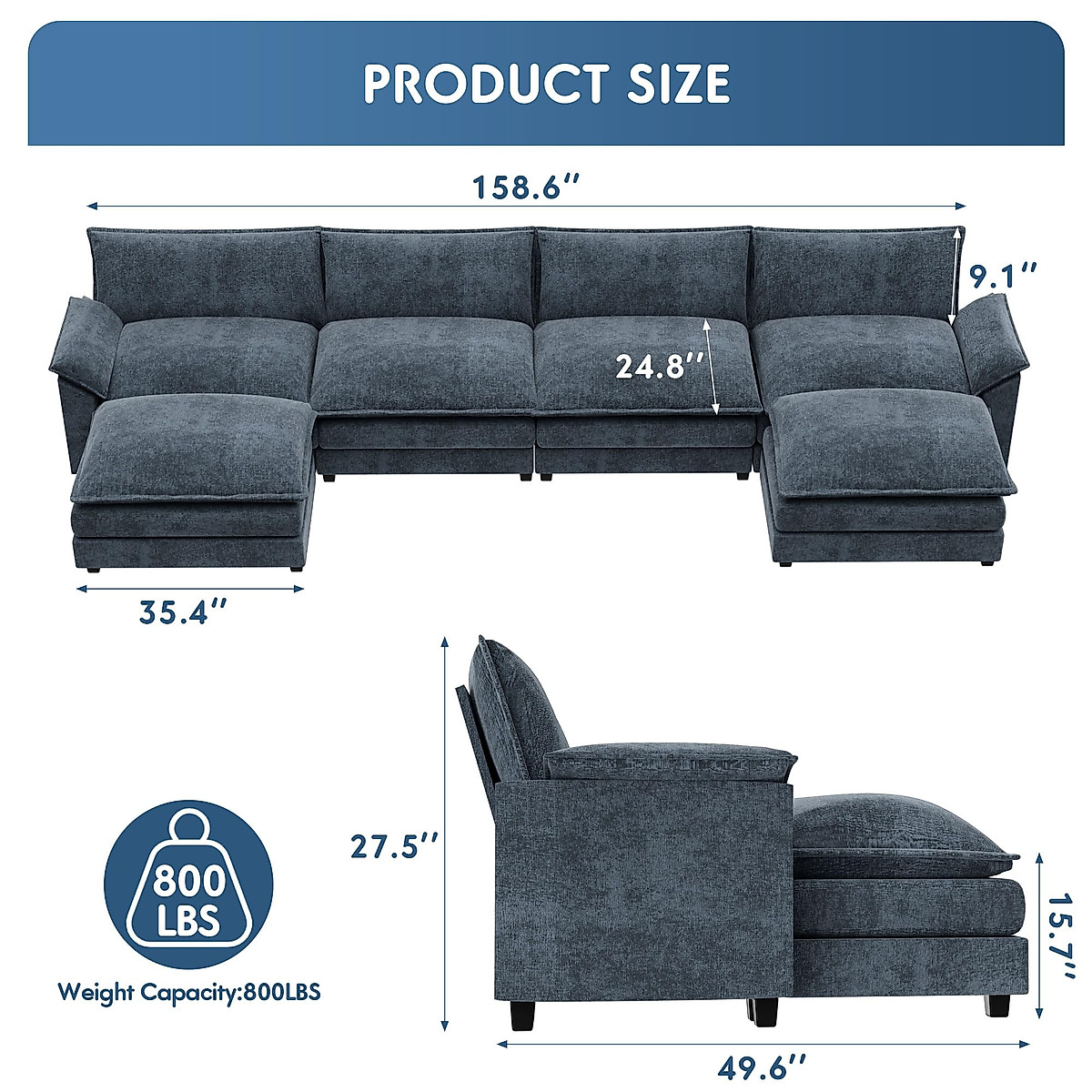 YESHOMY Sectional Modular Sofa U Shaped Chenille Fabric Couch with High Supportive & Soft Sponges and Removable Ottoman, Sleeper Comfy Upholstered Furniture for Living Room, Blue