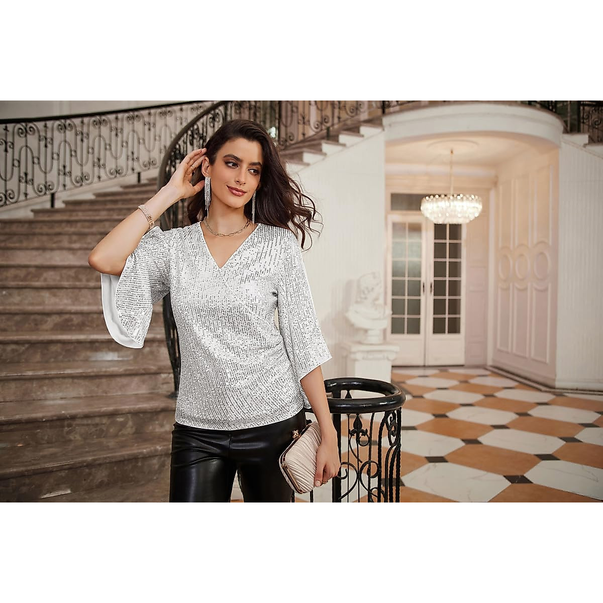 GRACE KARIN Women's Sequin Silver Top Sparkly 3/4 Sleeve Party Shirts Dressy Glitter Slim Fit Blouses 2XL