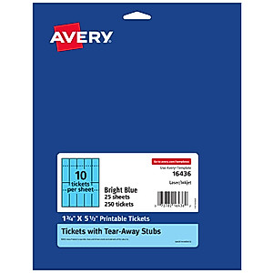 Avery Printable Tickets, Bright Blue Colored Cardstock, 1.75" x 5.5", Laser/Inkjet, 250 Tickets (16436)