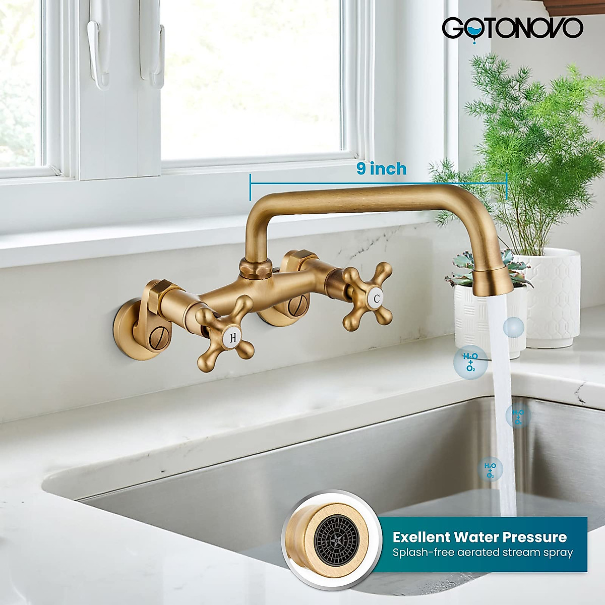 gotonovo Wall Mount Faucet 6 Inch Center Antique Brass Kitchen Sink Taps 2 Cross Knobs Handle Victorian Commercial with 9inch spout
